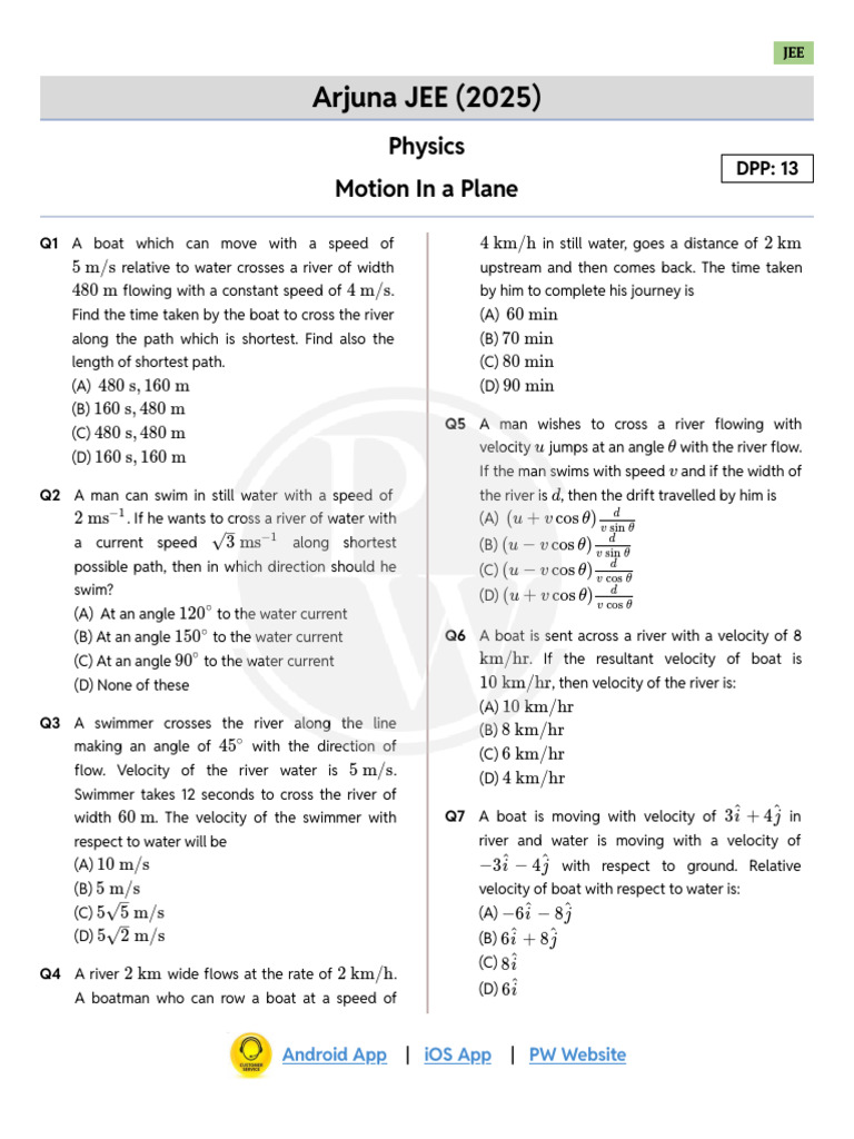 Motion In A Plane Dpp 13 Of Lec 15 Arjuna Jee 2025 Pdf Speed
