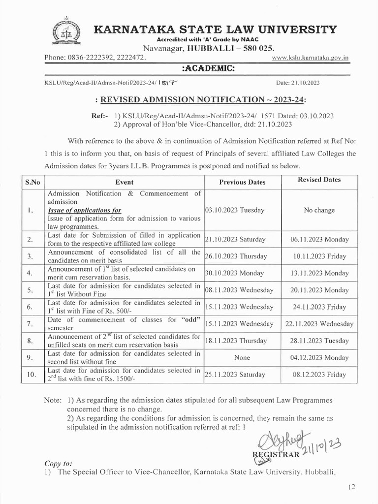 Revised Admission Notification | PDF