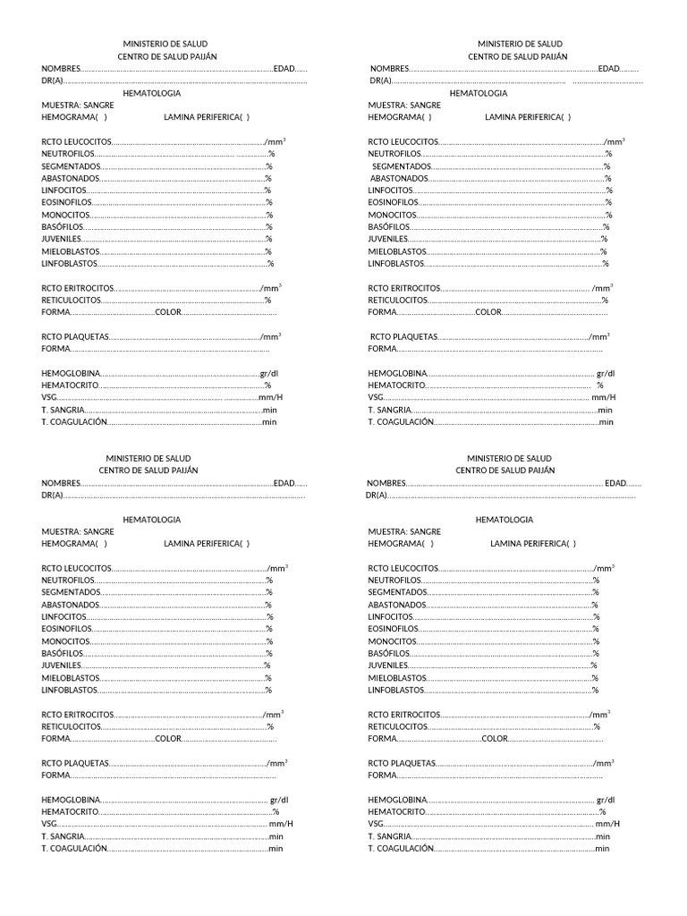 FORMATOS LAB | PDF | Hematología | Especialidades Medicas