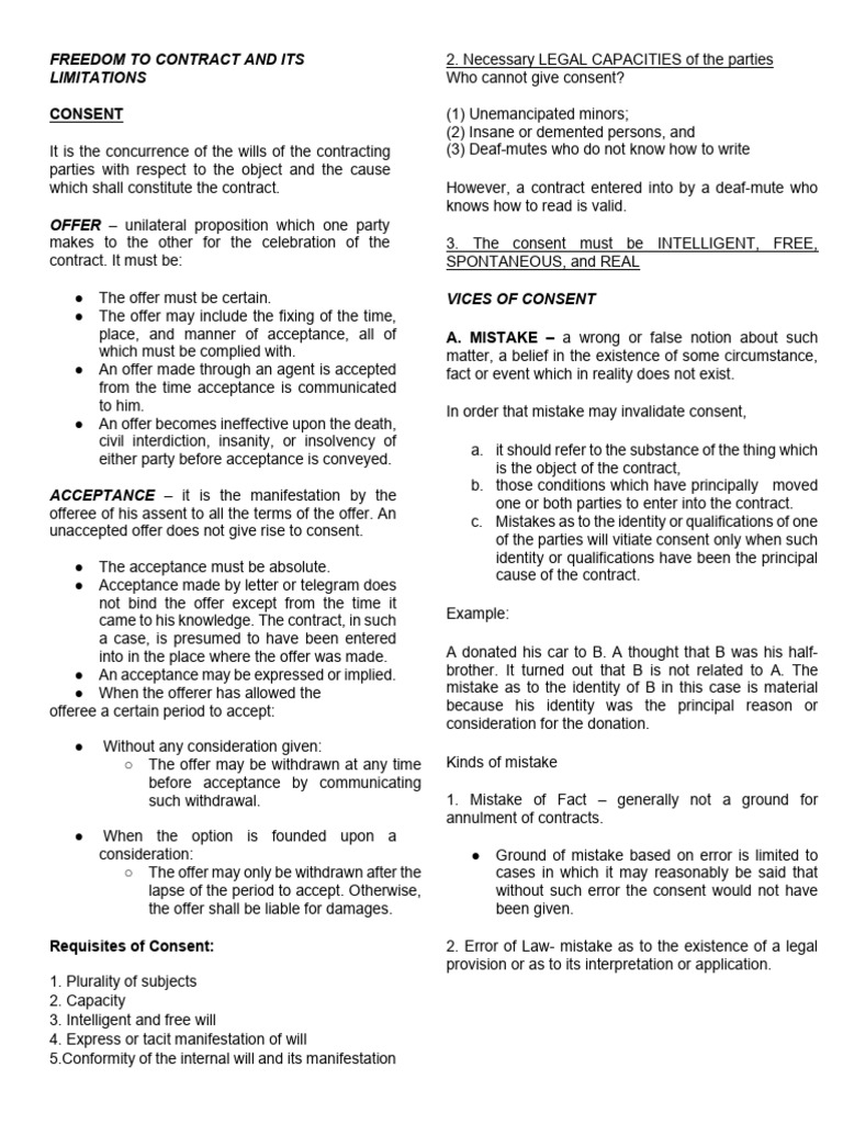 Freedom to Contract: Consent & Limitations | PDF | Offer And Acceptance ...