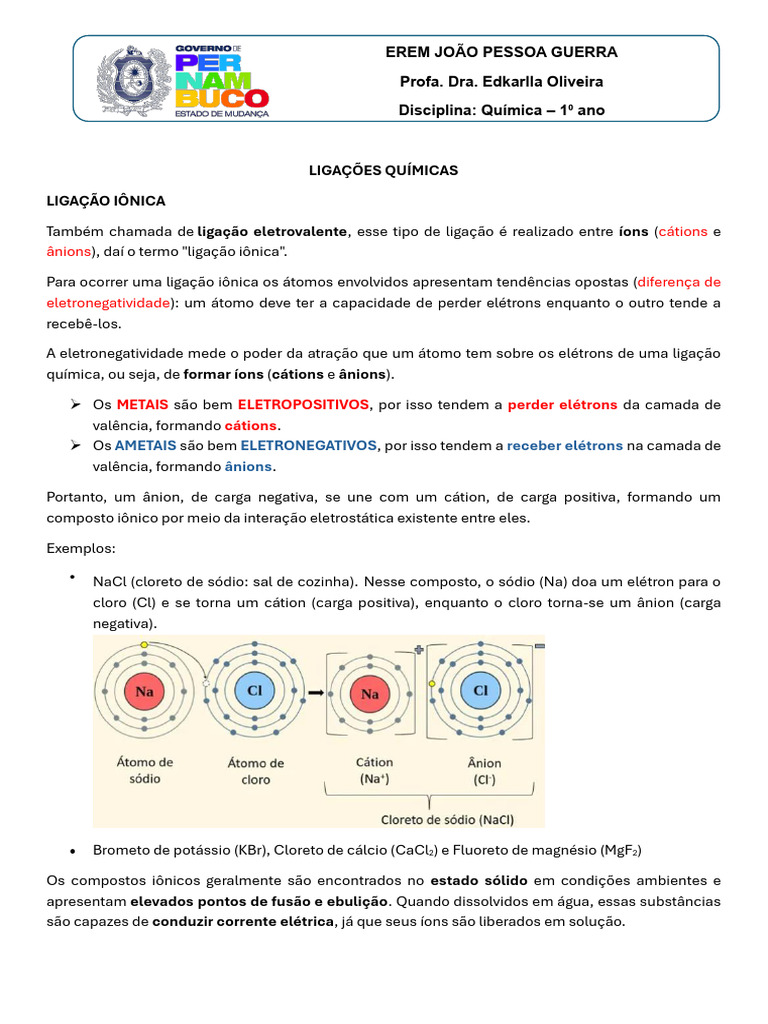 Tipos de Ligações Químicas: Iônica, Covalente e Metálica | PDF ...