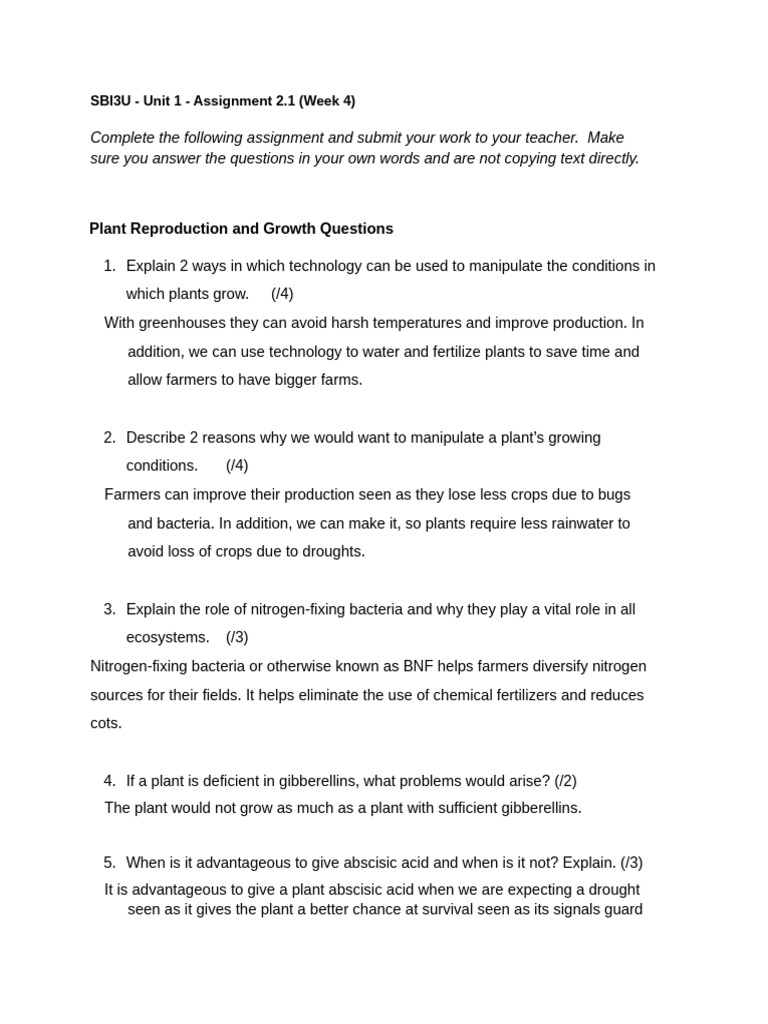 SBI3U Unit1 Assignment 2.1 | PDF | Plants | Botany