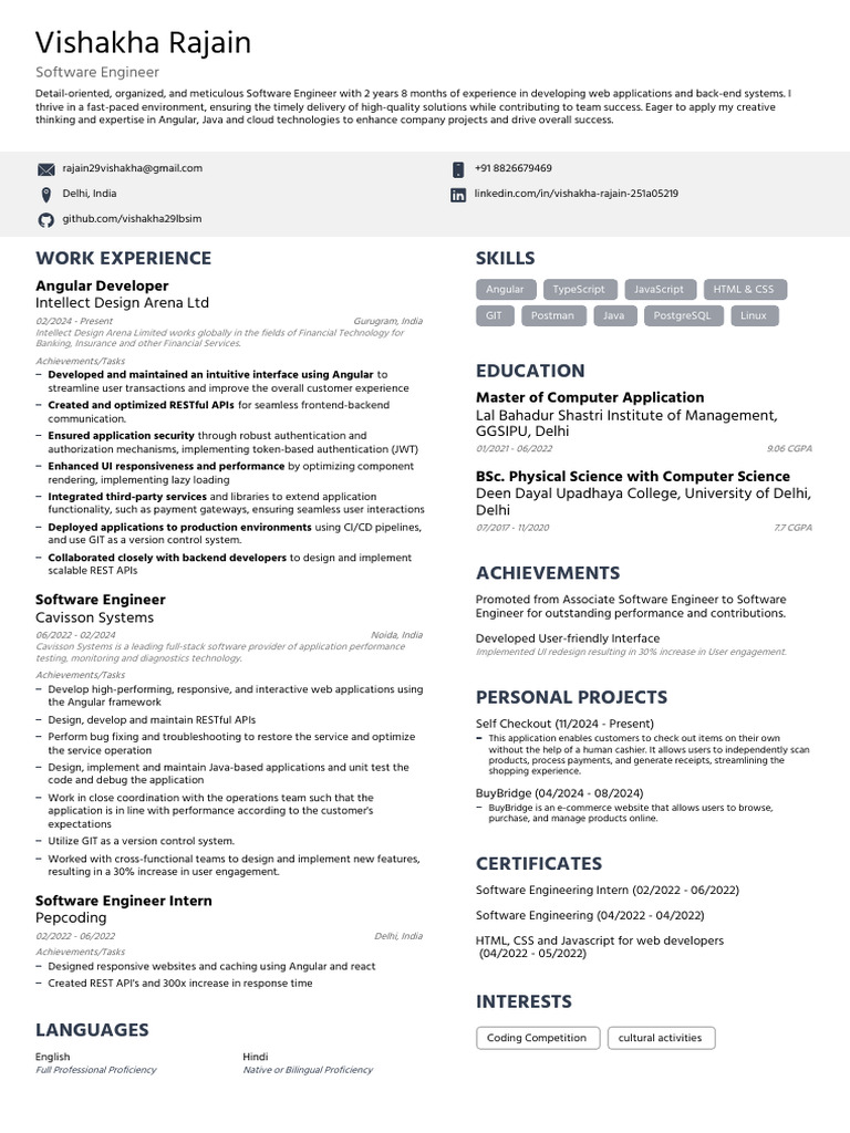 Vishakha Rajain: Angular Developer Profile | PDF | Application Software | Software