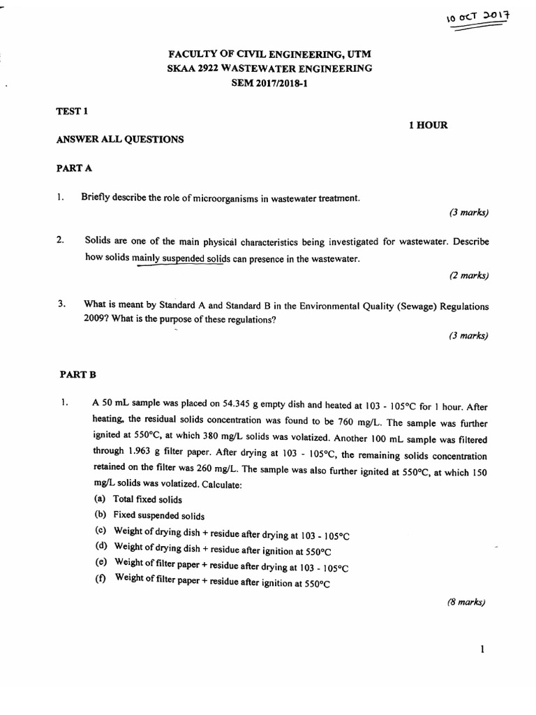 Wastewater Test 1 2017-2018 | PDF