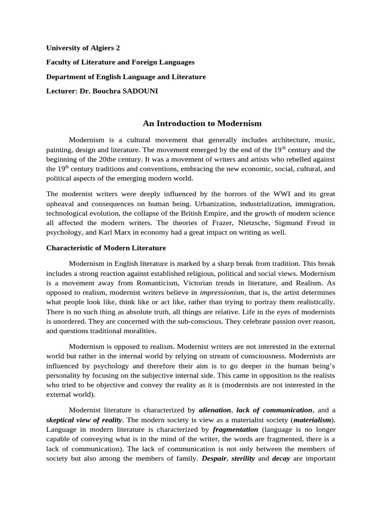 A An Introduction To Modernism | PDF | Modernism | Literary Modernism