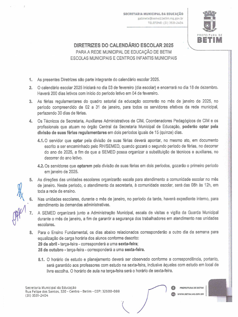 Diretrizes Do Calendario Escolar Escolas Municipais e Cims 2025 | PDF