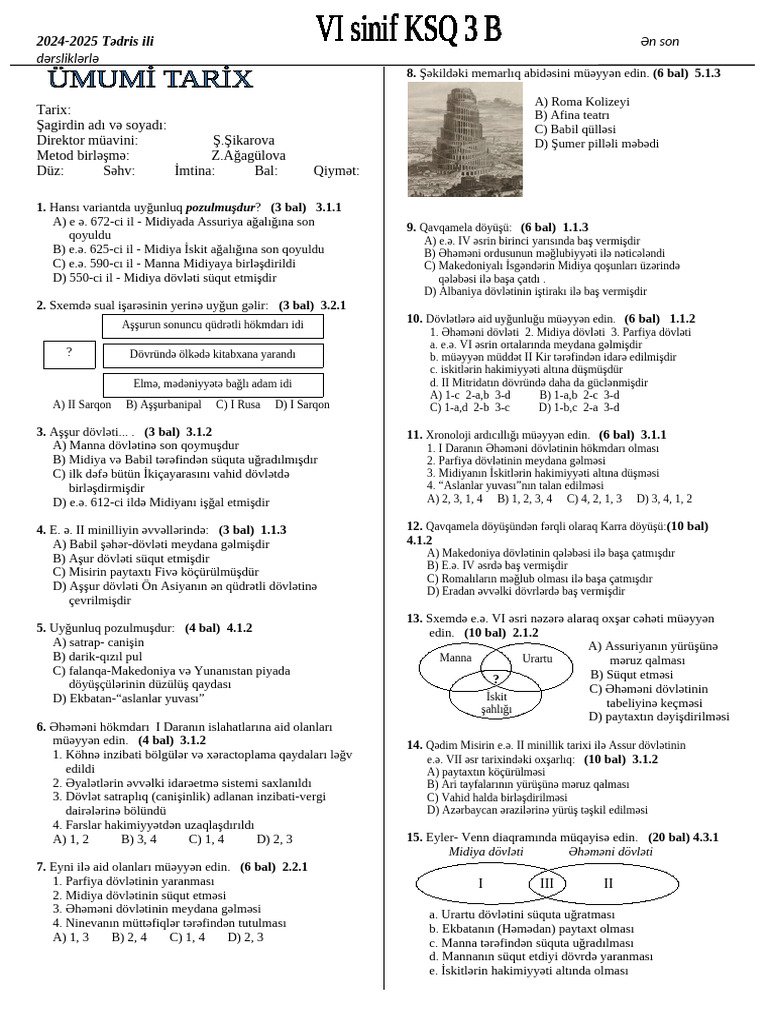 VI sinif ümumi tarix ksq 3 B+ | PDF
