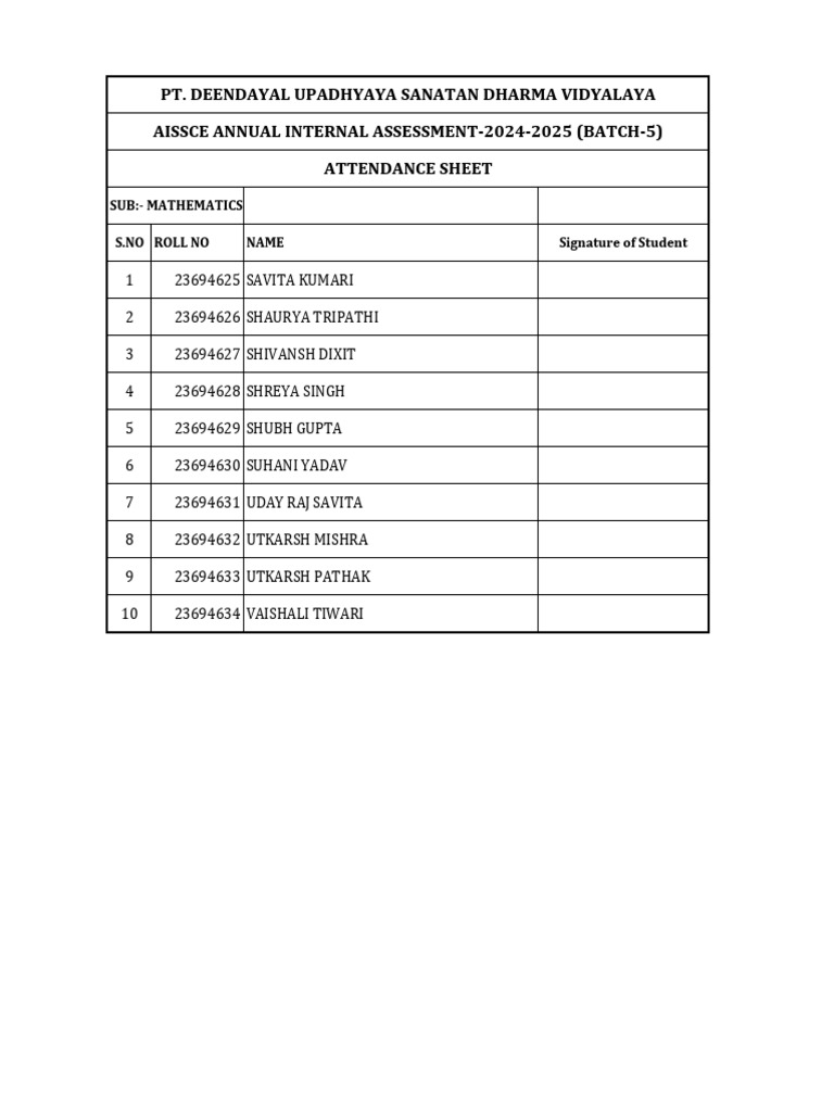 Mathematics Attendance Sheet Batch-5 | PDF