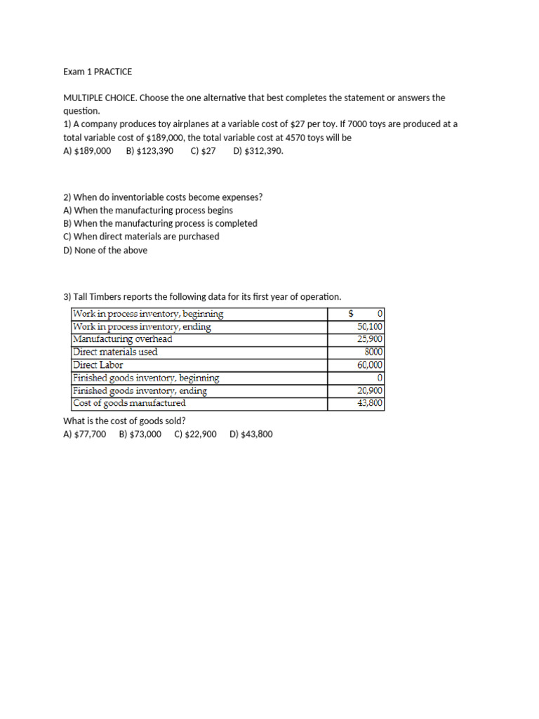 Exam 1 Practice Exam | PDF | Management Accounting | Cost Of Goods Sold