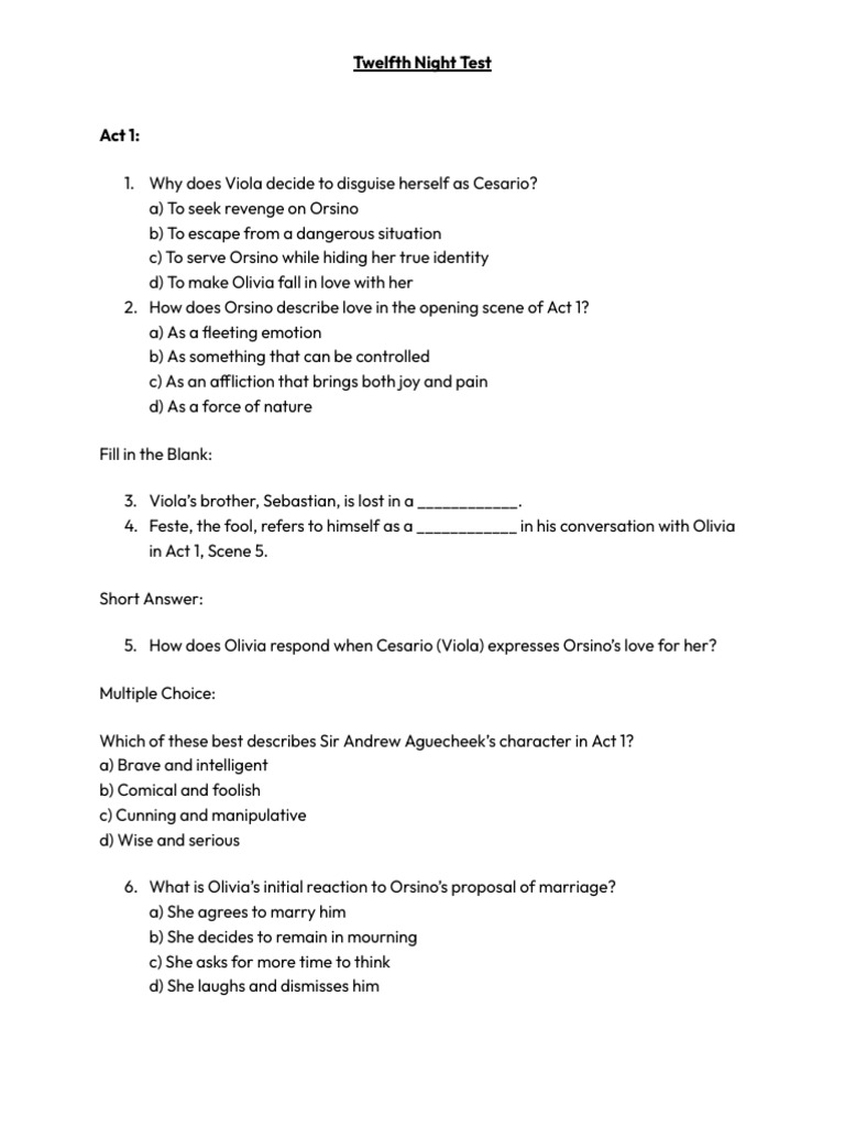 Twelfth Night Study Guide | PDF | Twelfth Night