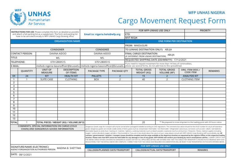 UNHAS CARGO REQUEST FORM EN (003) | PDF | Dangerous Goods | Cargo