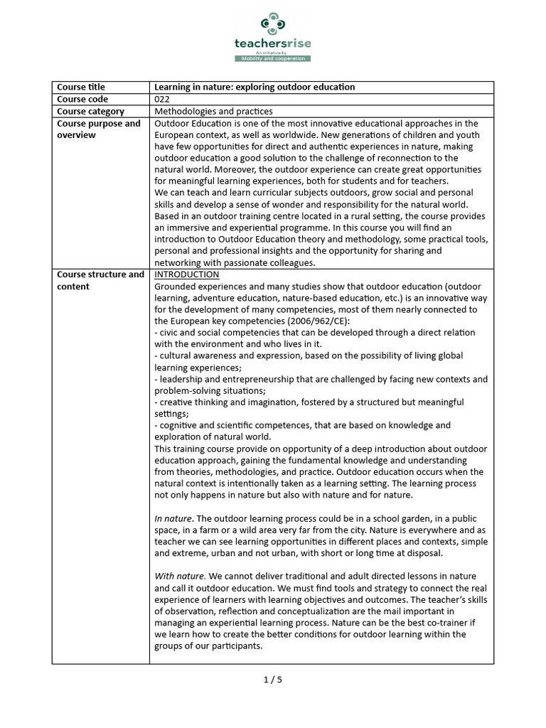 Outdoor Education for Teachers | PDF | Learning | Experience