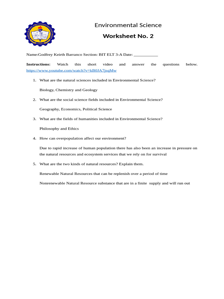 Environmental Science Worksheet | PDF