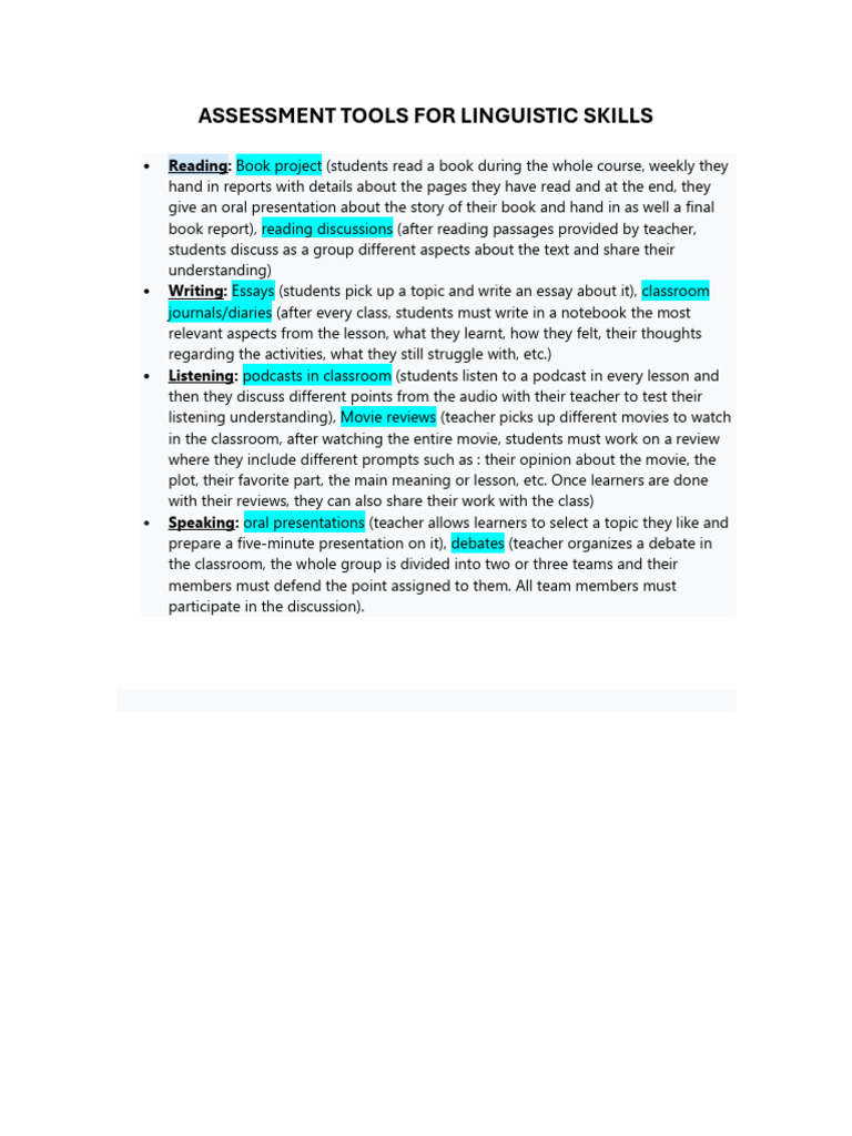 Assessment Tools for Linguistic Skills | PDF