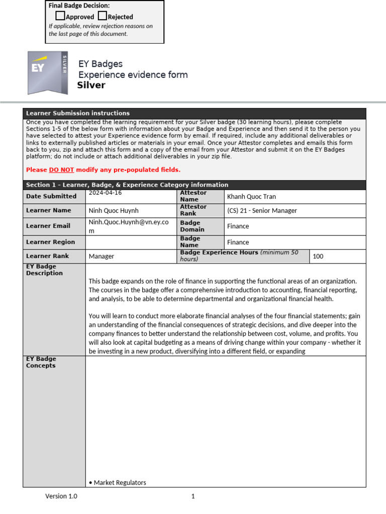 EY Silver Badge Experience Submission | PDF | Valuation (Finance ...