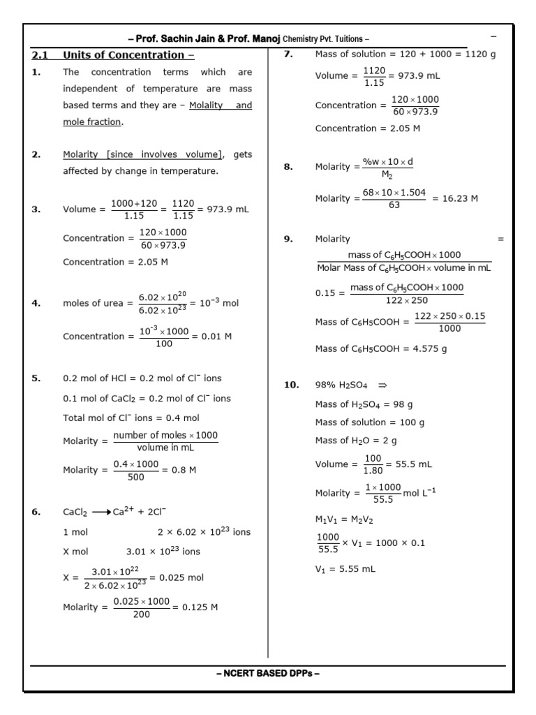 XII - 02.1 Solutions (Units of Concentration) | PDF | Concentration | Mole (Unit)