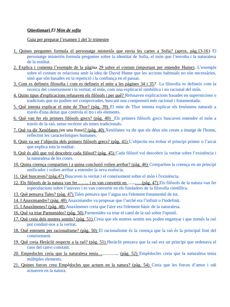 Questionari 1 El Mon de Sofia2 | PDF