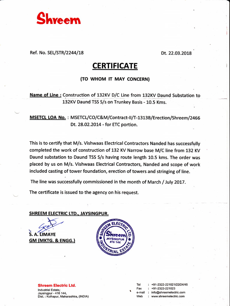 MSETCL 132KV Line Completion Certificate | PDF