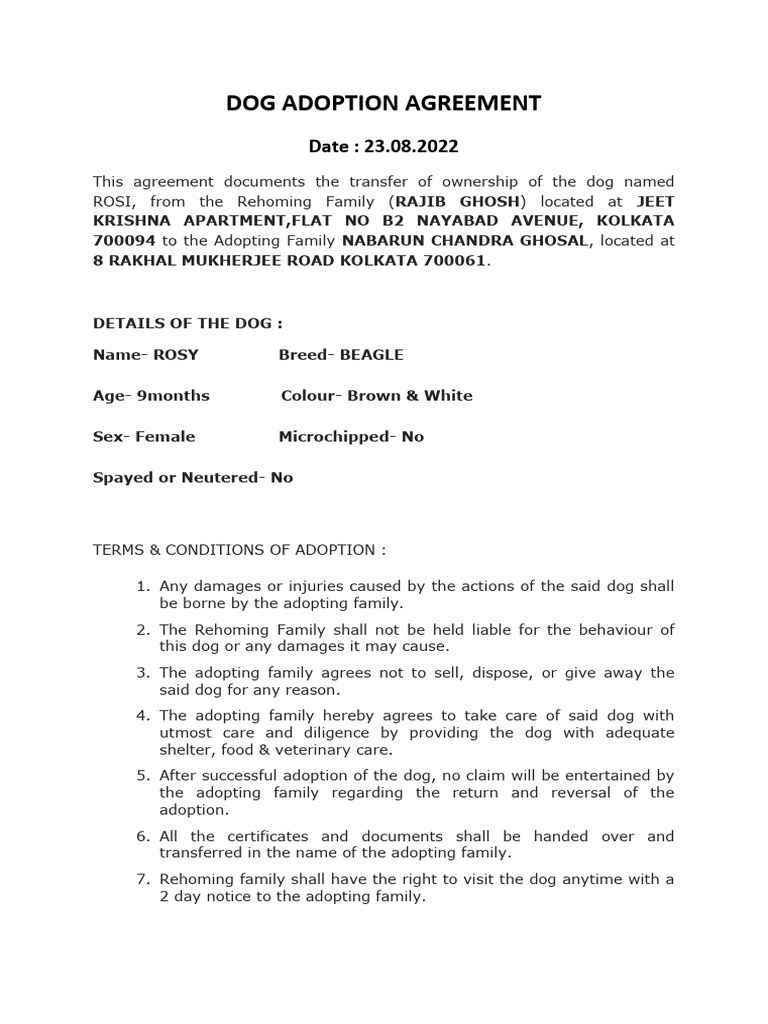 Dog Adoption Agreement for Rosy | PDF