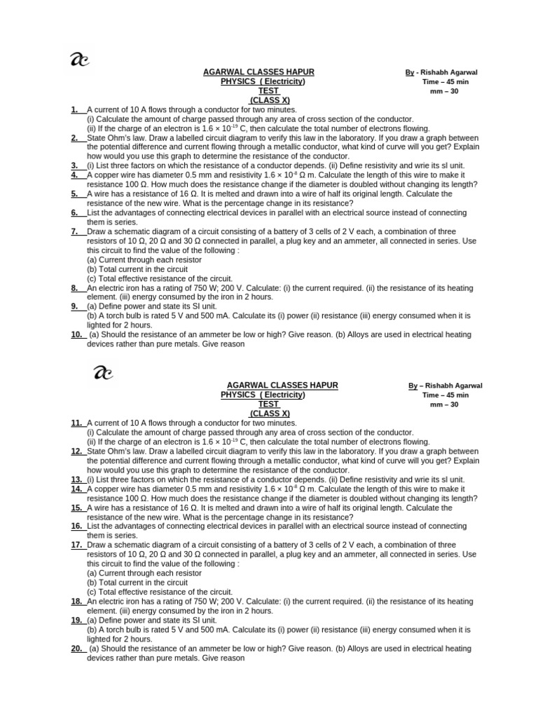 Electricity Physics Test Series Class 10 1 | PDF | Electrical ...