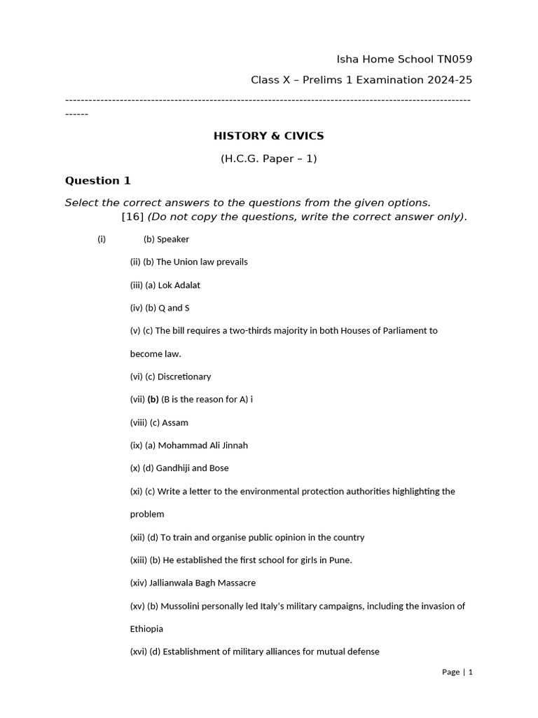 Class X – History Prelims 1 Examination 2024-25 Answer key | PDF | Non ... Class X – History Prelims 1 Examination 2024-25 Answer key | PDF | Non ...