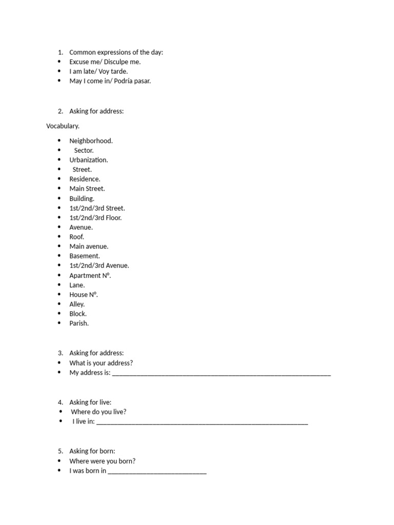 Spanish Address & Location Phrases | PDF