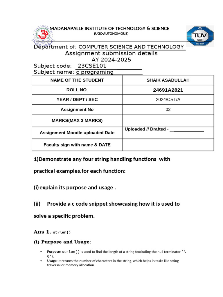 String Functions and Matrix Operations in C | PDF | String (Computer ...
