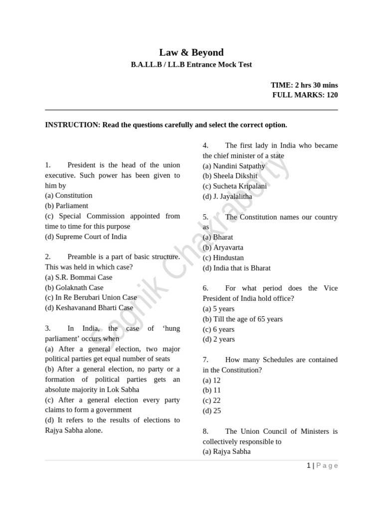 BALLB & LLB Question Paper - Entrance | PDF