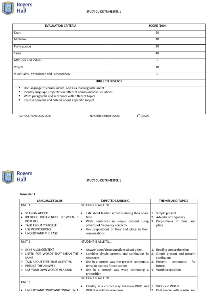 Trimester 1 - Study Guide | PDF | Preposition And Postposition | Vocabulary