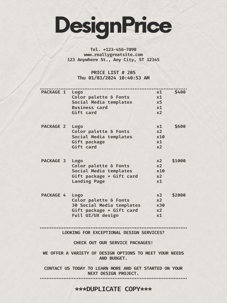 Typography Design Studio Package Price List A4 Document | PDF