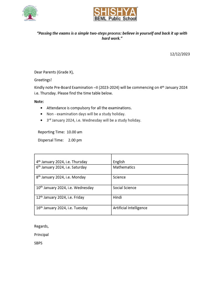 Pre Board Examination - II - Time Table - Grade X | PDF