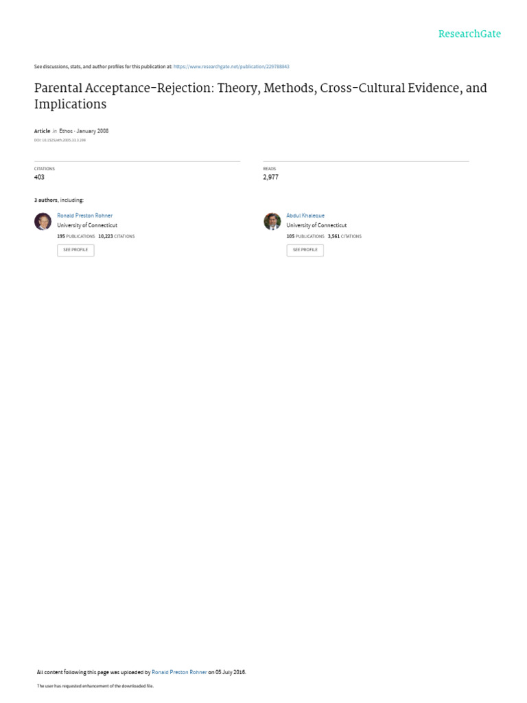 Parental Acceptance Rejection: Theory, Methods, Cross Cultural Evidence ...