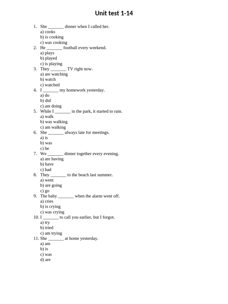 English Grammar Unit Test 1-14 | PDF