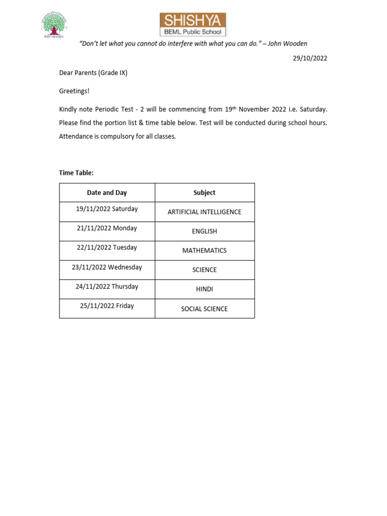 Grade IX - Periodic Test - 2 Timetable & Portions-2 | PDF