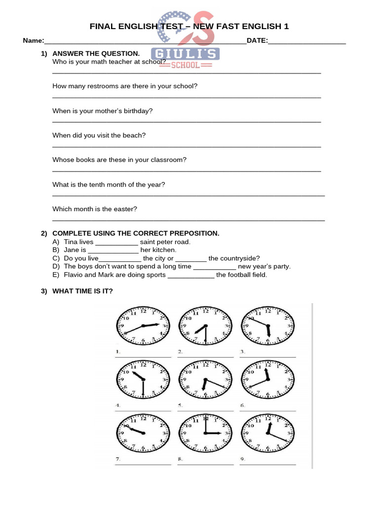 Final English Test - New Fast English 1 | PDF | Languages | Foreign ...