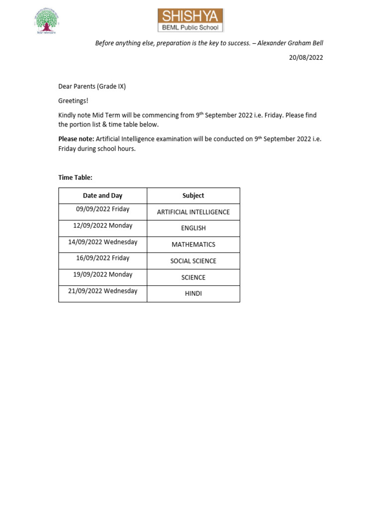 Grade IX - Mid Term - Timetable & portions-4 | PDF | Mathematics