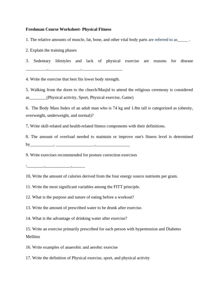 Worksheet- Physical Fitness | PDF