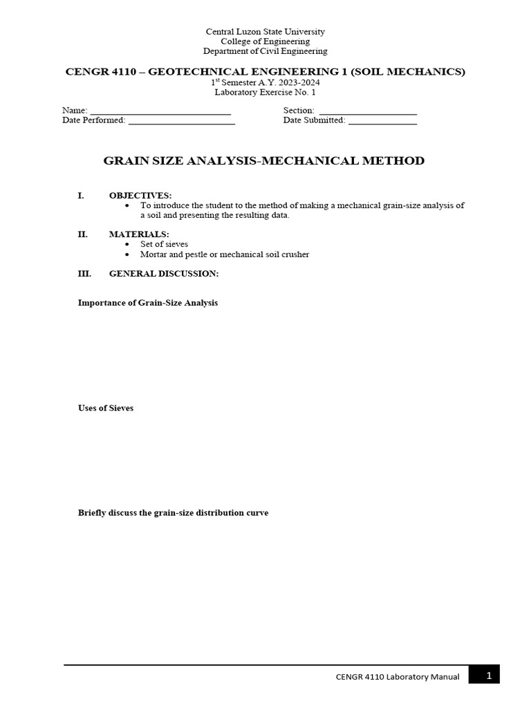 CENGR 4110 - Lab Ex1. Grain Size Analysis | PDF | Soil Mechanics