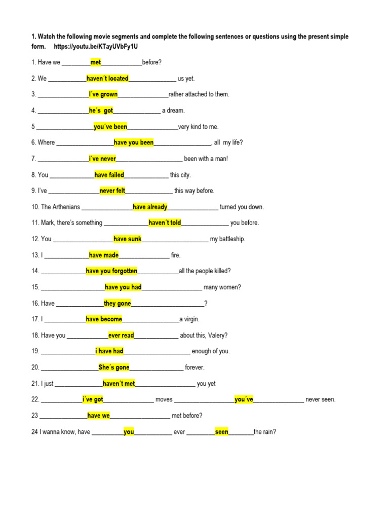 Present Perfect Listening and Media Exercises | PDF