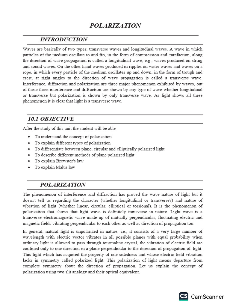Physical Optics POLARIZATION | PDF | Polarization (Waves) | Waves