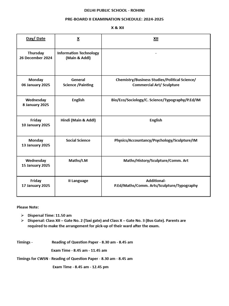 DPS Rohini Pre-Board Exam Schedule 2024-25 | PDF
