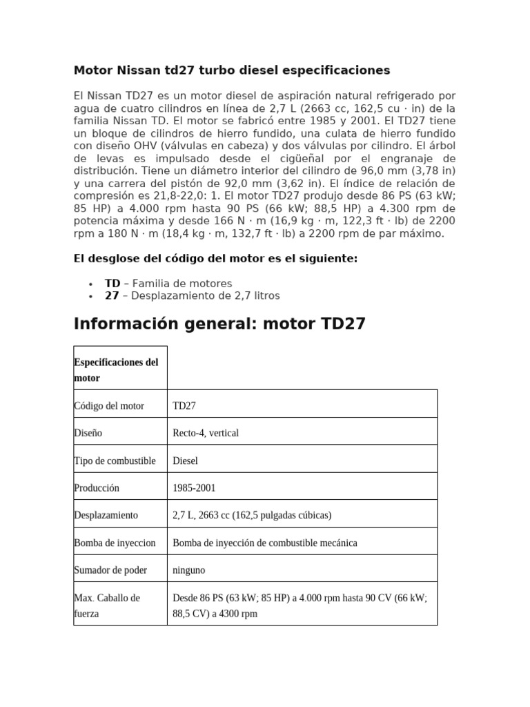 Motor Nissan td27 Turbo Diesel Especificaciones | PDF | Propulsión | Máquinas