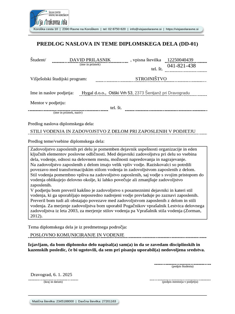 Predlog-naslova-in-teme-diplomskega-dela-DD-01-7 David Prilasnik | PDF