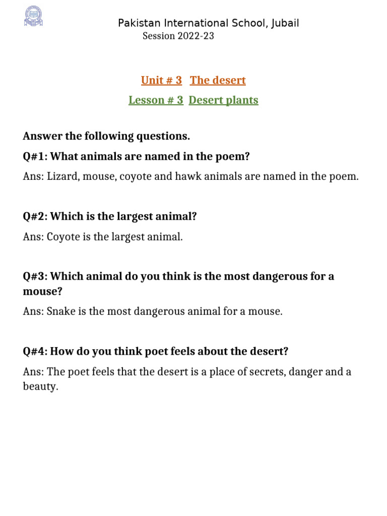 Desert Plants and Animals Quiz | PDF