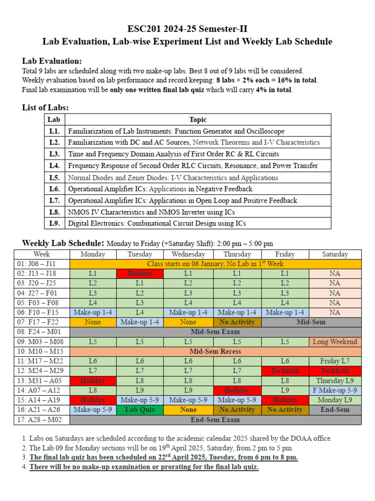 ESC201 Lab Schedule - 2024-25 Sem-II | PDF | Electrical Engineering ...