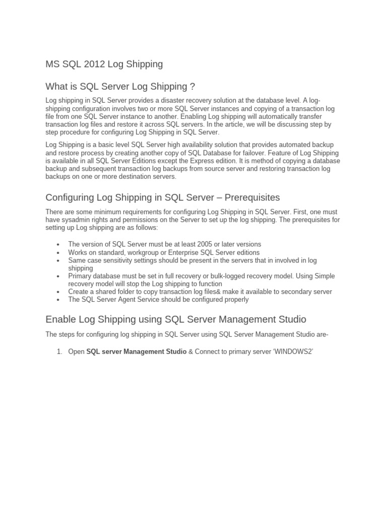 MS SQL 2012 Log Shipping 2 | PDF | Databases | Backup