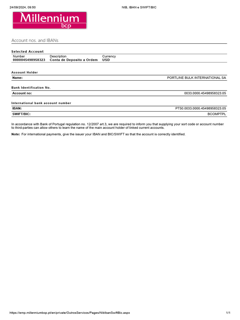 Portline Bulk Usd 323 Nib, Iban e Swift - Bic Inglês | PDF