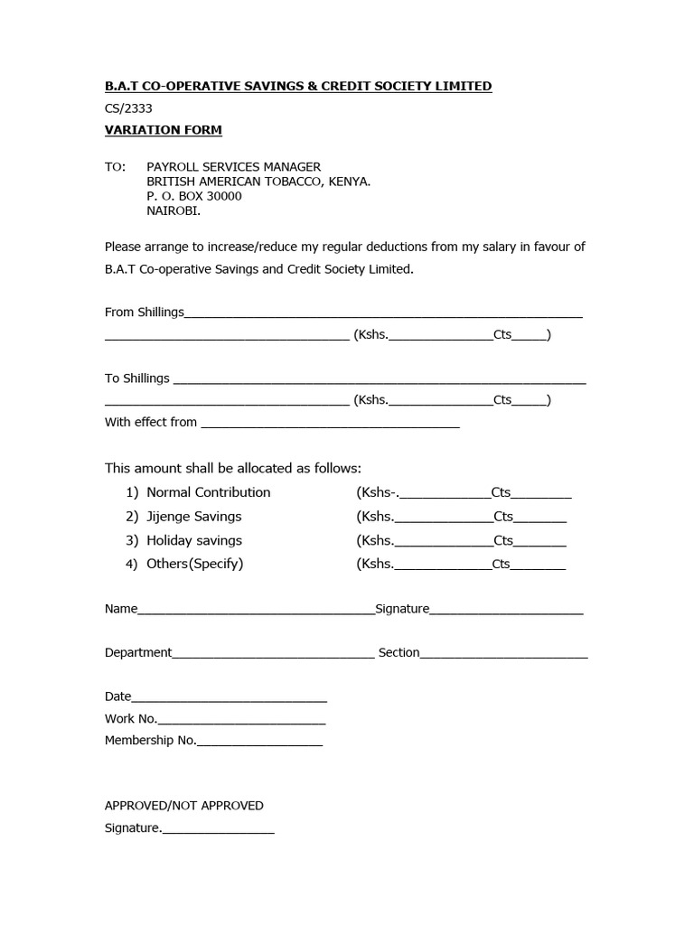 B.A.T Co-operative Savings Variation Form | PDF