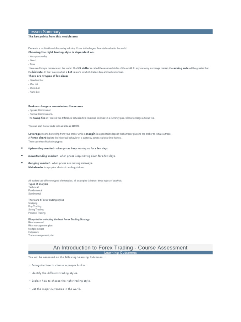 Lesson Summary For FOREX TRADING | PDF