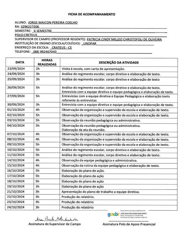 Ficha de Acompanhamento Estágio Modelo | PDF